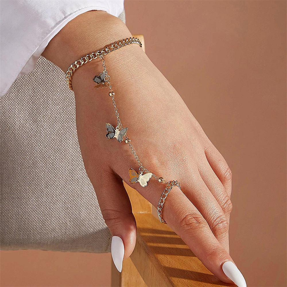 Punk Link Chain Ring Connected Bracelets Gold Color Metal Finger Ring ...