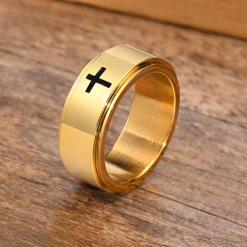Fashion Mens Spinner Cross Ring Gold Color Stainless Steel Rotatable ...