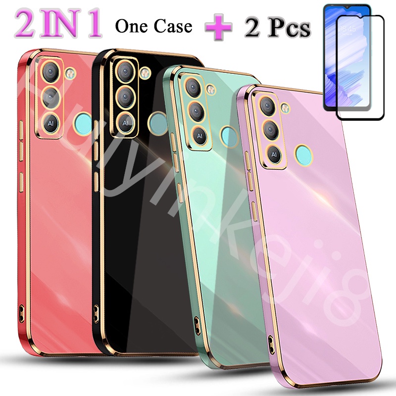2 IN 1 Tecno Pop 5 LTE Gold Edge Plating Case With Tempered Glass ...