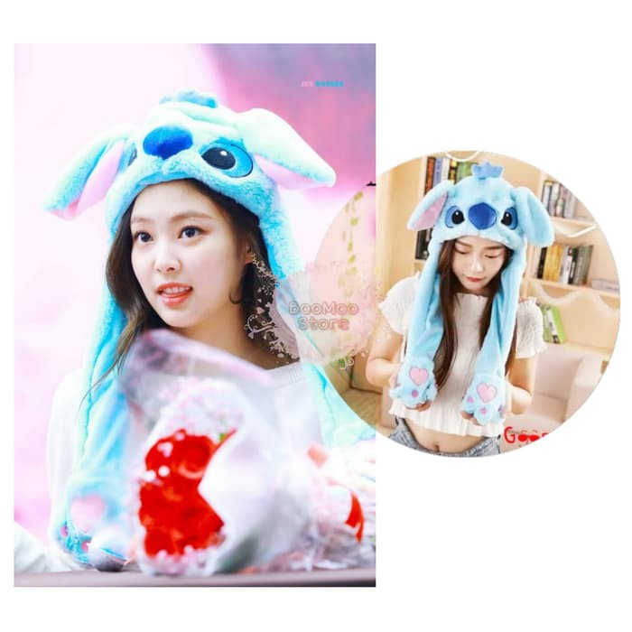 Stitch Blue Plush Hat Ears Moving/Jennie Blackpink Blue Stitch Hat ...