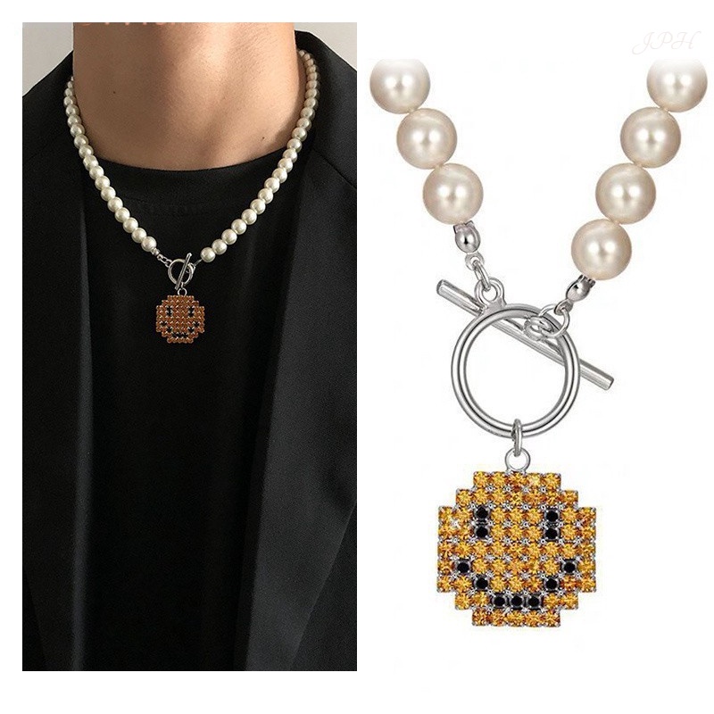 【JP4】pearl necklace Smiley Necklace Fashion Personality hiphop OT ...