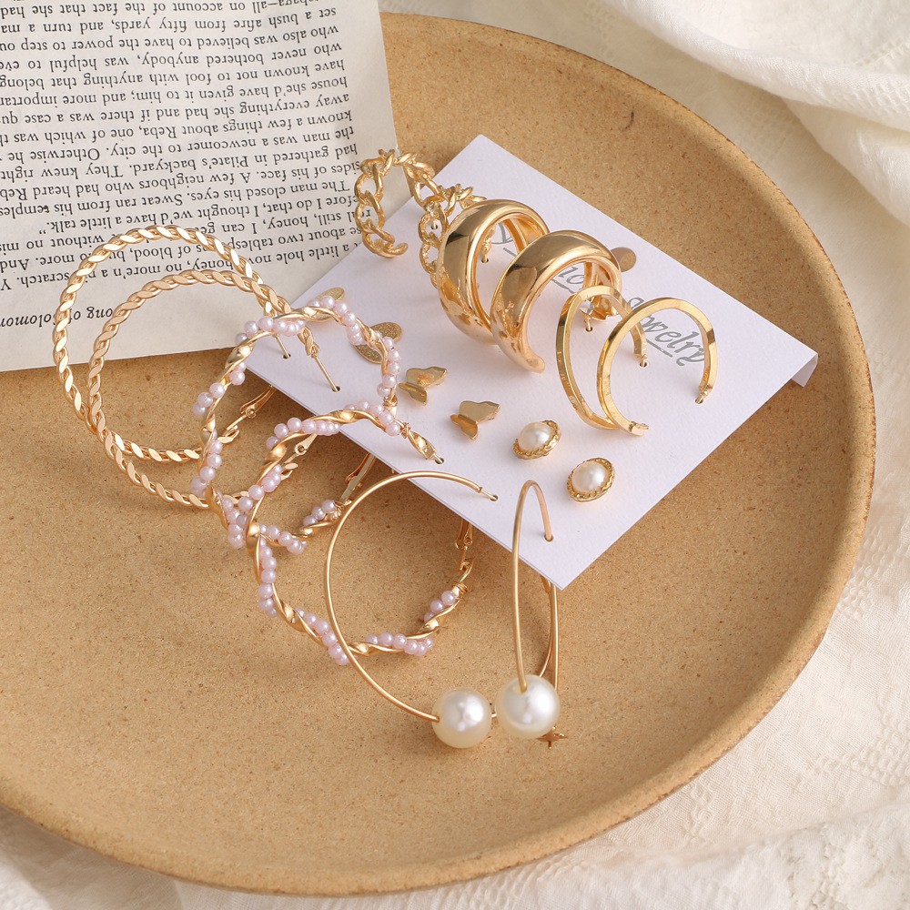 9pcs New European And American Pearl Temperament Earrings Set Ladies Geometric Zircon Earrings Fashion Accessories Shopee Philippines