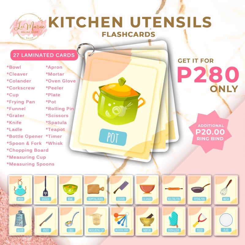 KITCHEN UTENSILS KITCHEN TOOL Laminated Educational Flashcards for Kids ...
