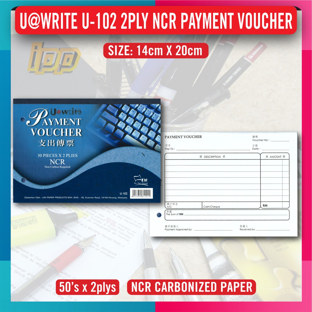 UNI Payment Voucher 50's x 2plys NCR Carbonized Paper / U@Write Payment Voucher / Buku Baucer ...