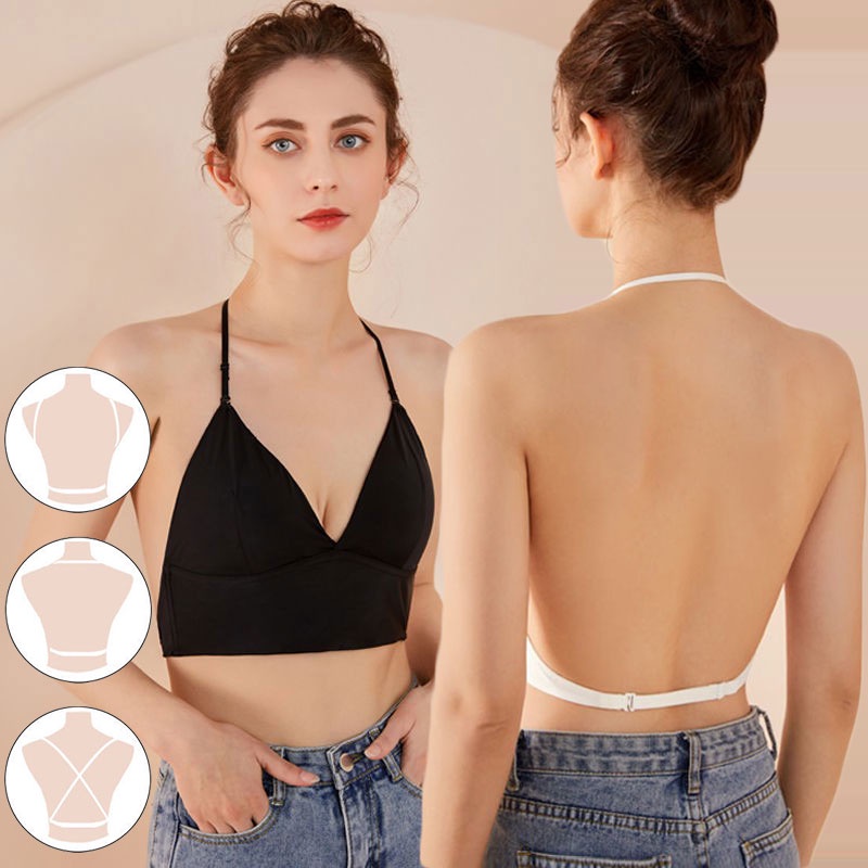 Sexy Low Back Bra Ladies U Open Back Halter Neck Gathered Invisible Lace Bra Ultra Thin
