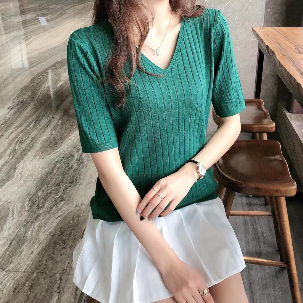New Arrivals Womens Causal Plain V Neck Short Sleeve Knitted Blouse