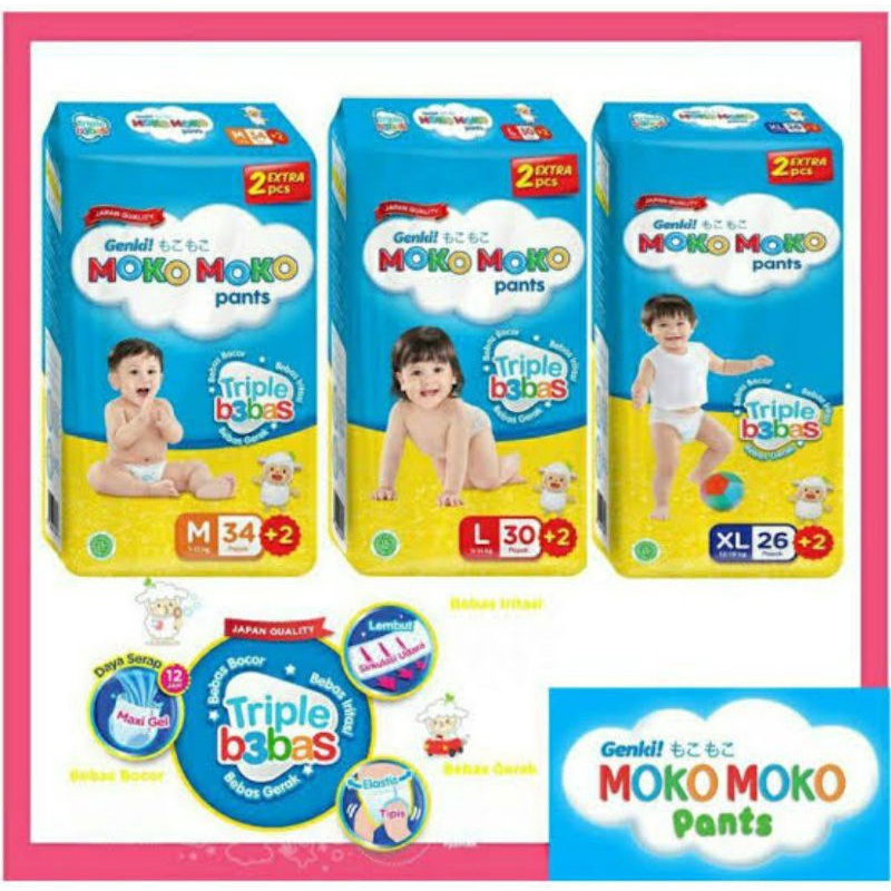 Genki MokoMoko Pants M34 +2 L30 +2 XL26 +2 Moko Moko Baby Diaper Pempers | Shopee Philippines