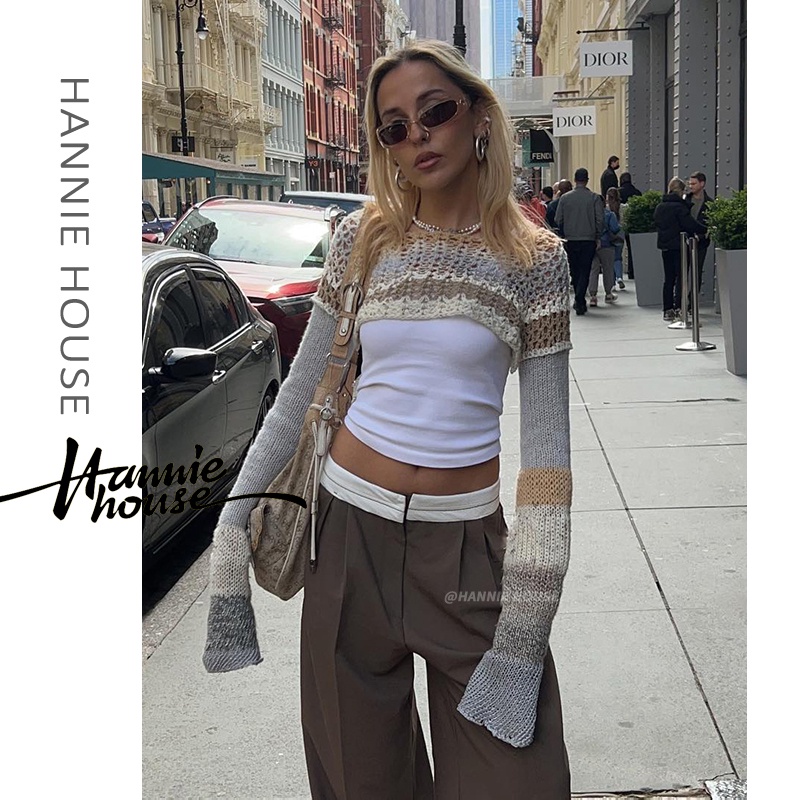 Hannie-Women Fashion Contrast Color Hollow-Out Round Neck Long Sleeve ...