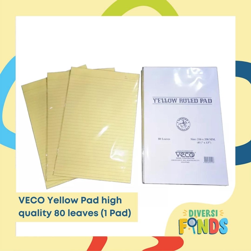 Veco Yellow Pad 80 leaves per pad 32 lines 8.5" x 13" Premium Quality ...