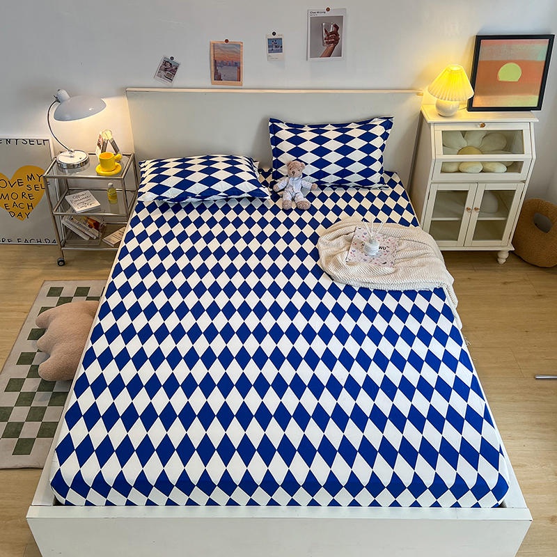 1pc Plaid Bed Linen With Elastic Single Queen King Size Blue And White ...