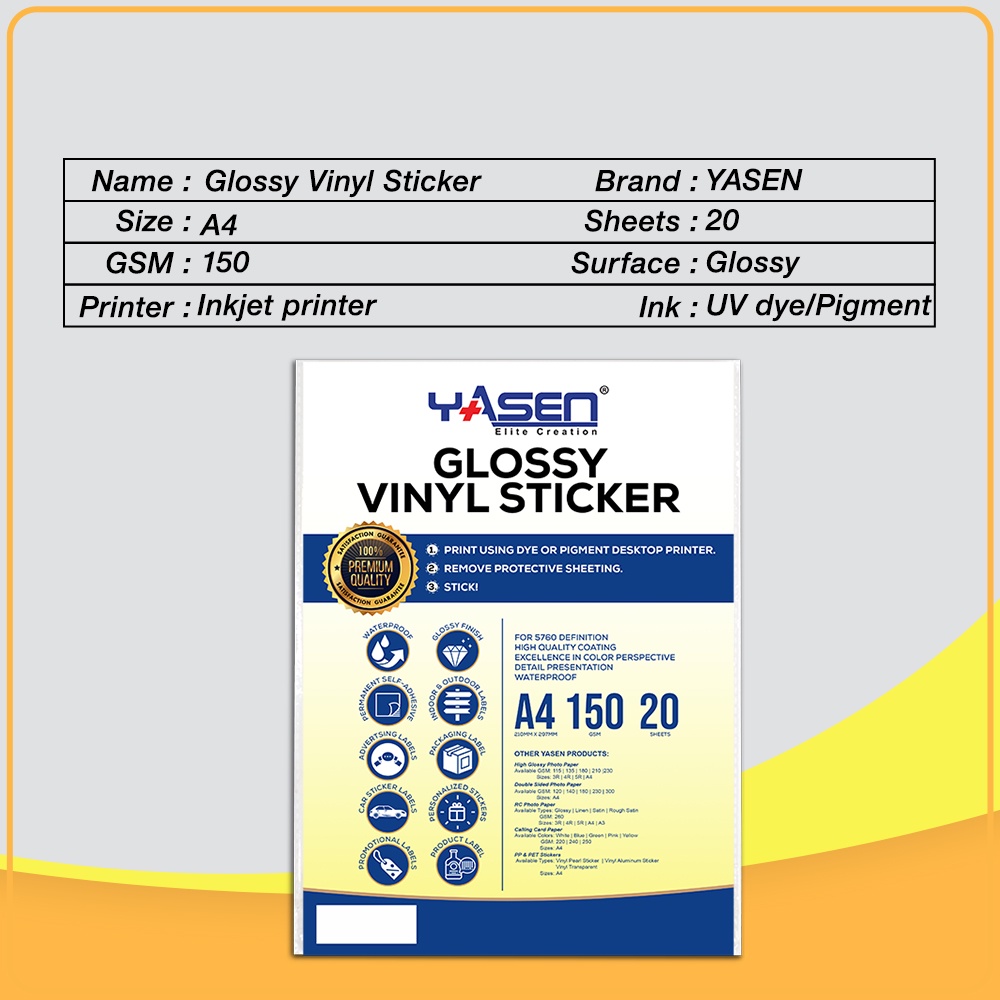 Yasen Vinyl Inkjet Sticker Paper A4 Size (Glossy) 20 Sheets/Pack ...