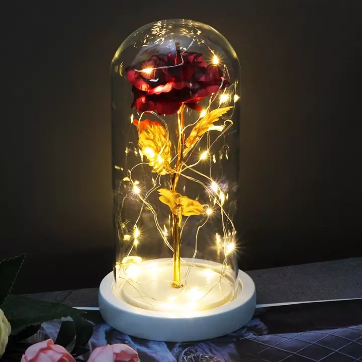Eternal Rose with Led Light in Glass Dome On Wooden,gifts for Valentine ...