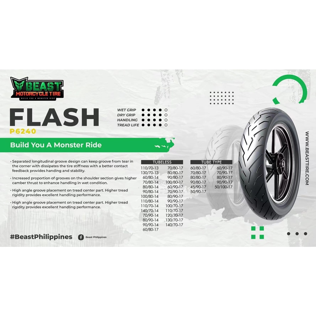 BEAST Motor cycle TIre Flash P6240 Tubeless Size 17 (Free Tire sealant ...