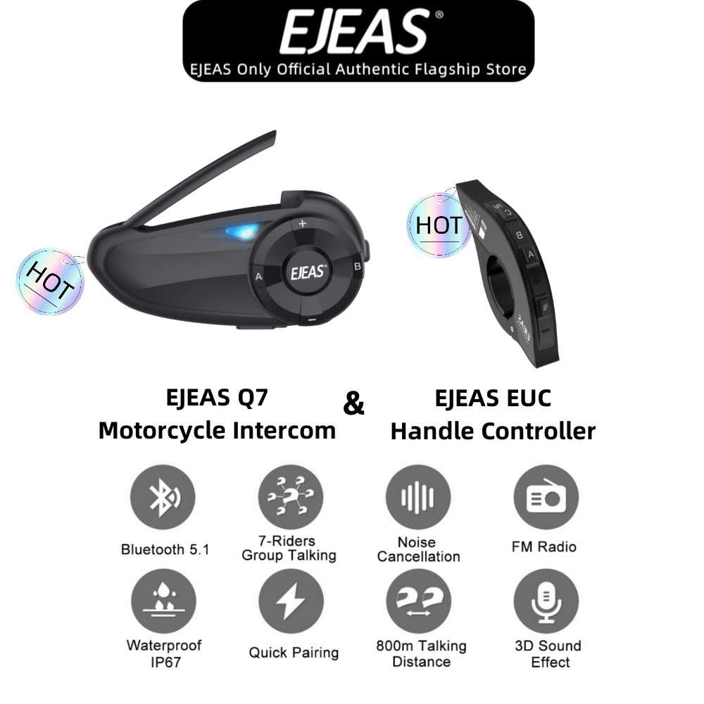 EJEAS Q7+EUC Controller 1 Set Bluetooth 5.0 Motorcycle Intercom Helmet Headset 7 Riders Wireless ...