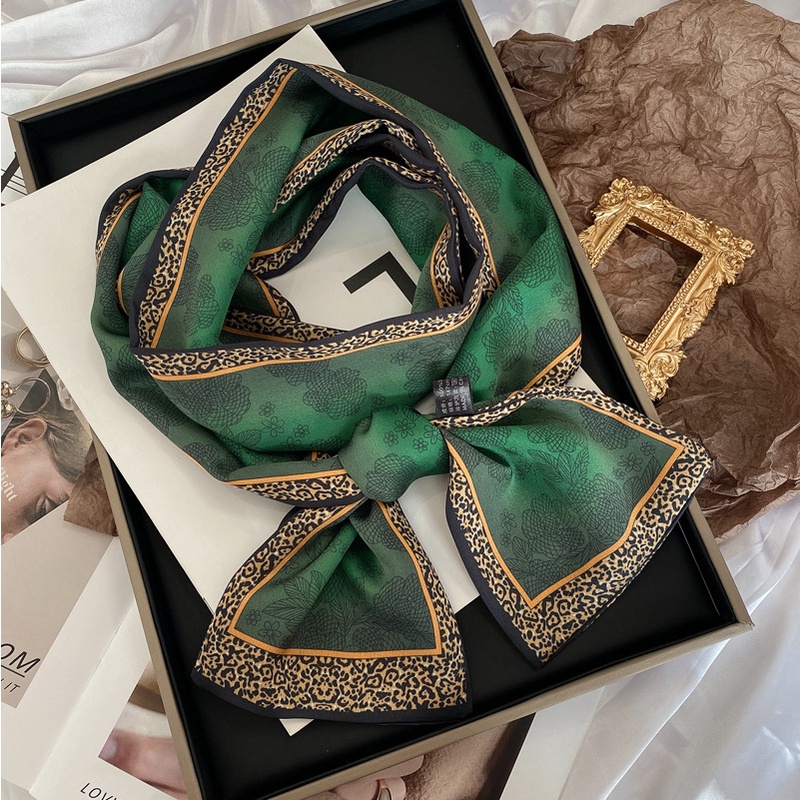 Emerald Green Leopard Print Edge Silk Scarf Decorative Long Scarf ...