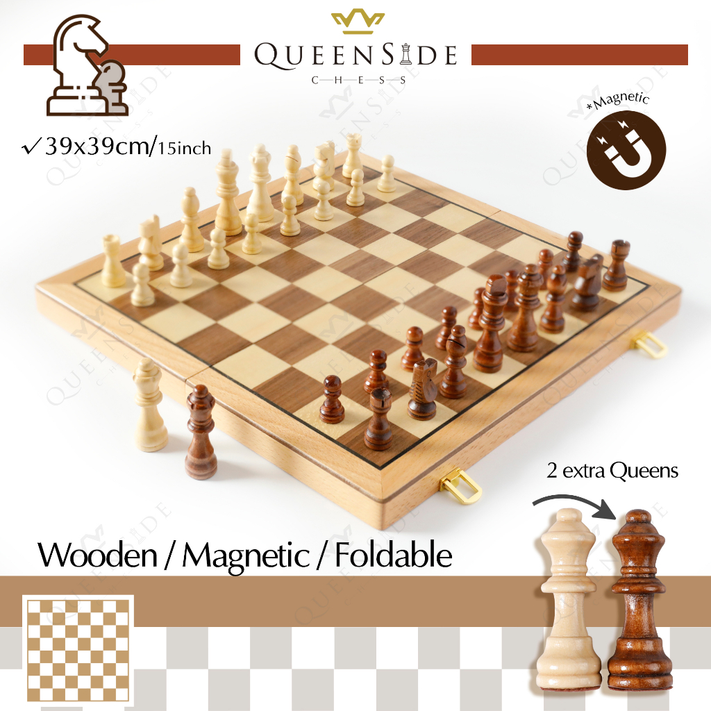 QueenSide 15“(39x39) Magnetic Wooden Chess Set with Folding Chess Board ...