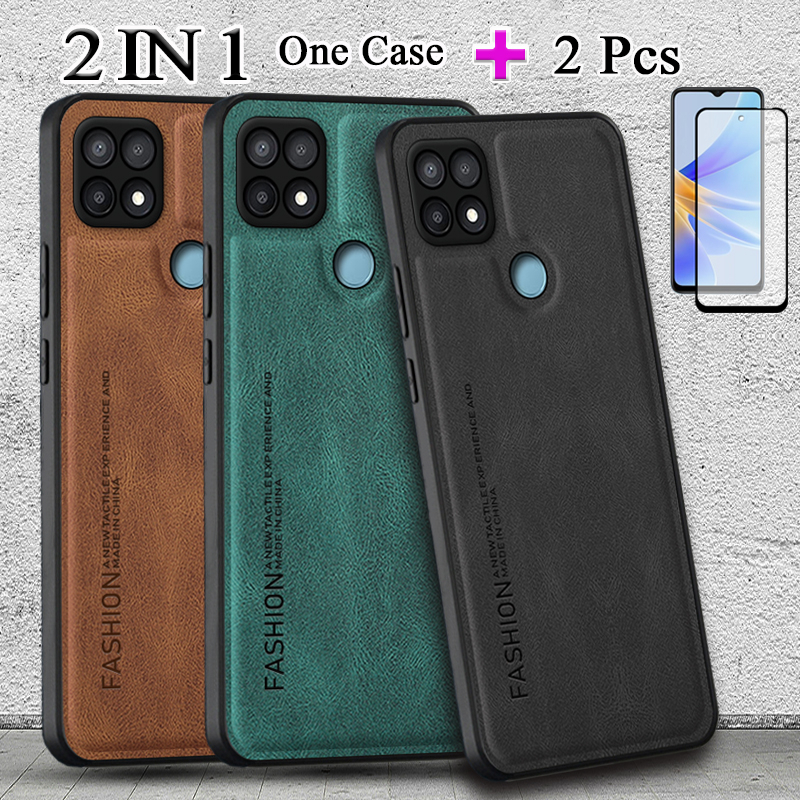 2 IN 1 For OPPO A15 A15S Case Luxury Leather Casing With Ceramic Film ...