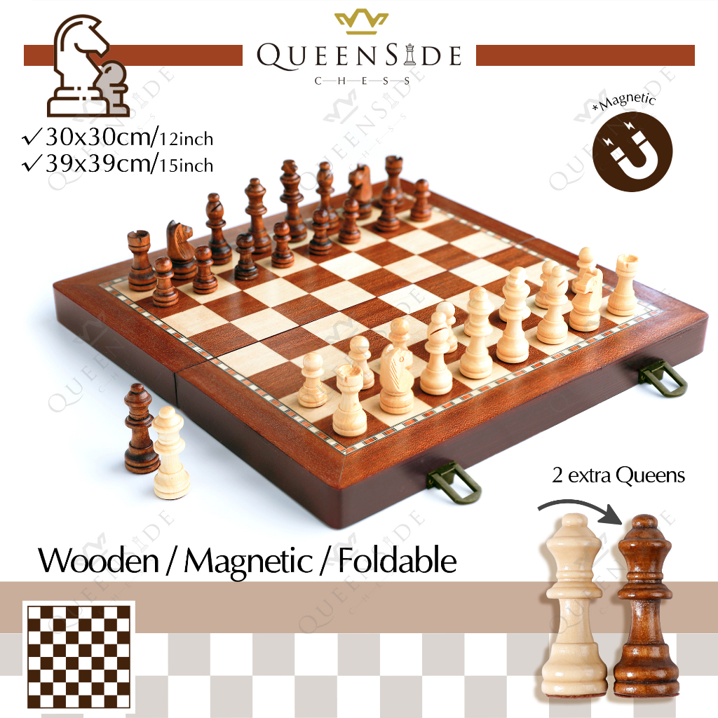 QueenSide Magnetic Wooden Chess Set with Folding Chess Board & Staunton ...