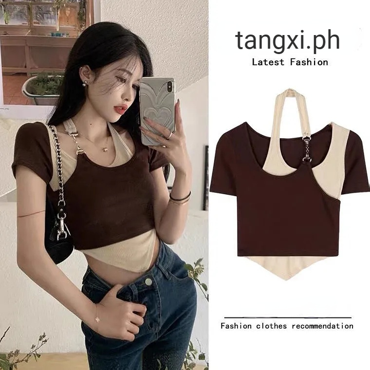 Summer Vintage Fake Two-Piece Irregular Crop Top Women's Korean Chains ...