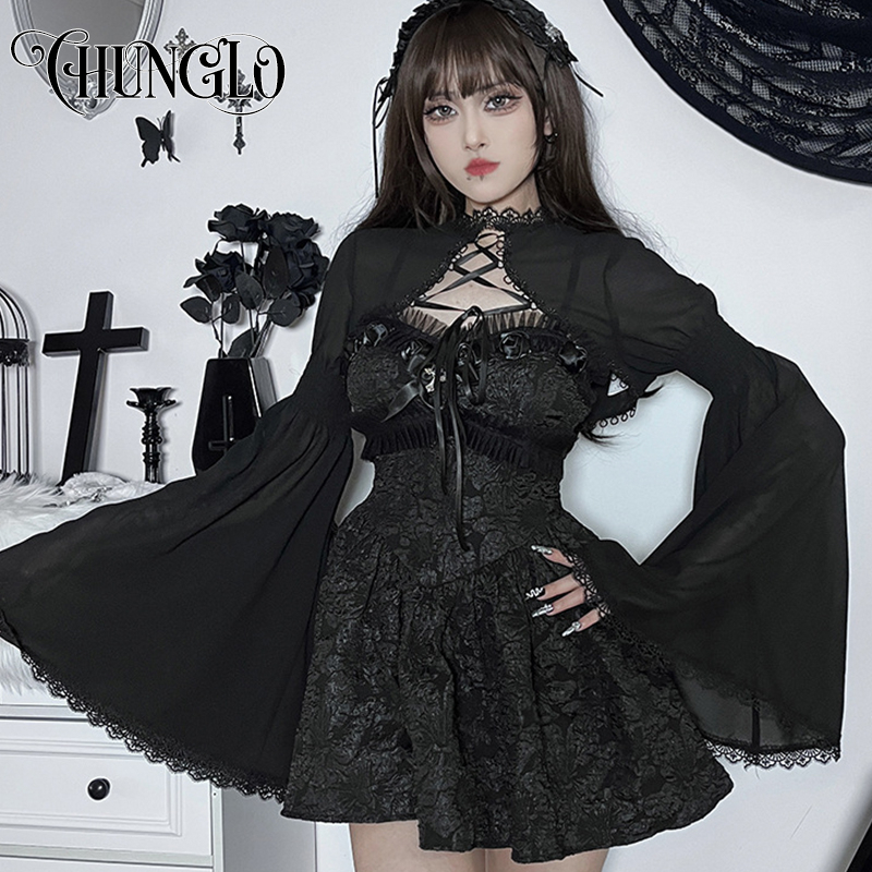 CHUNGLO Goth Fashion Women Top Long Flare Sleeve Round Neck Lace ...
