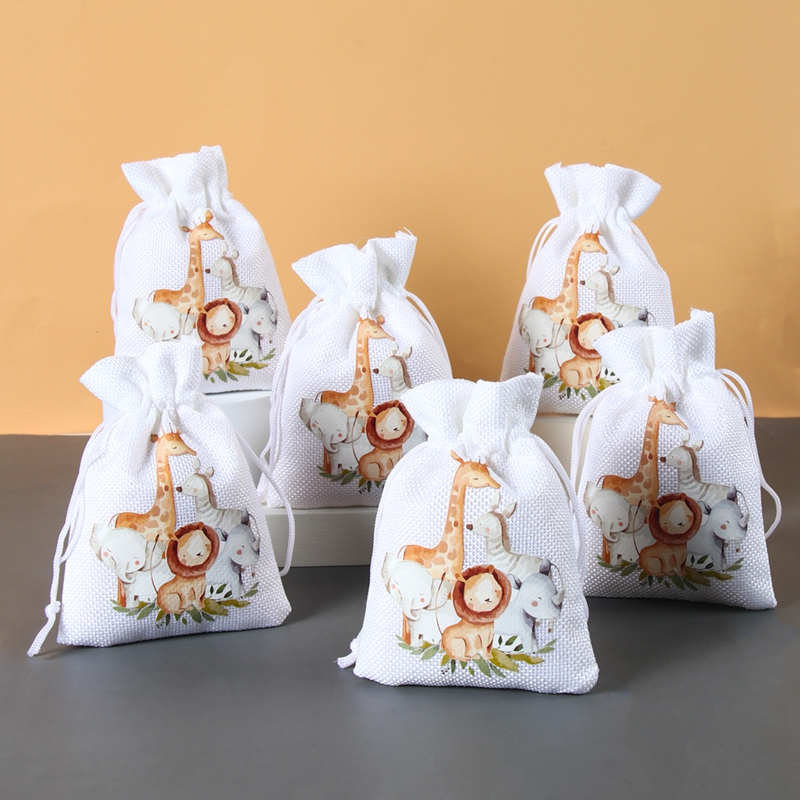 6pcs Jungle Forest Animal Gift Bag Plain Linen Bags safari theme party ...