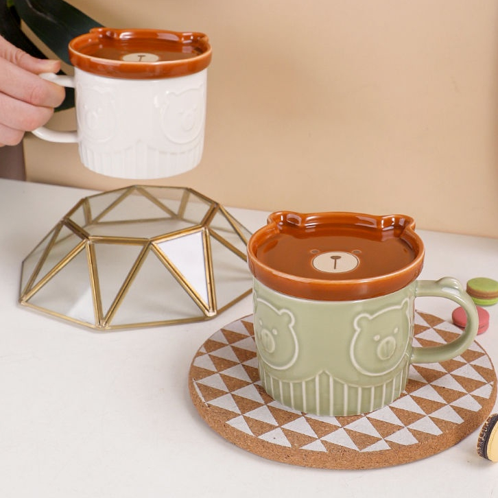 ins ceramic bear mug with lid cartoon animal coffee milk water cup ...