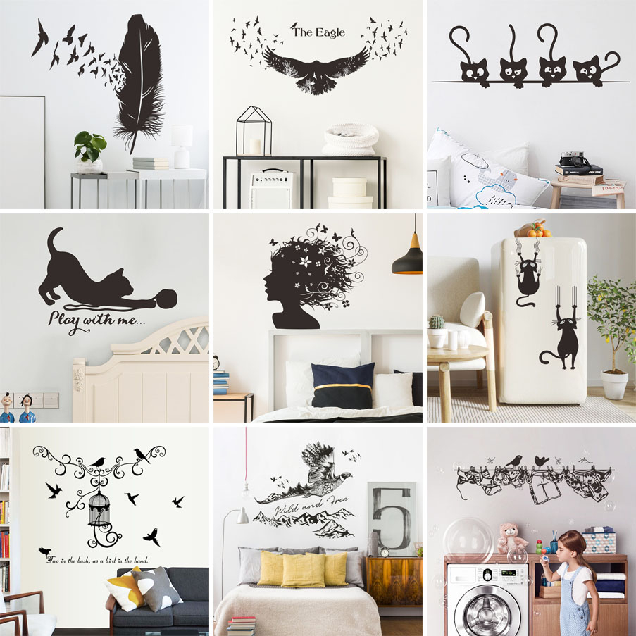 Cute Play Black Kitty Bedroom Wall Beautification Decorative Stickers ...