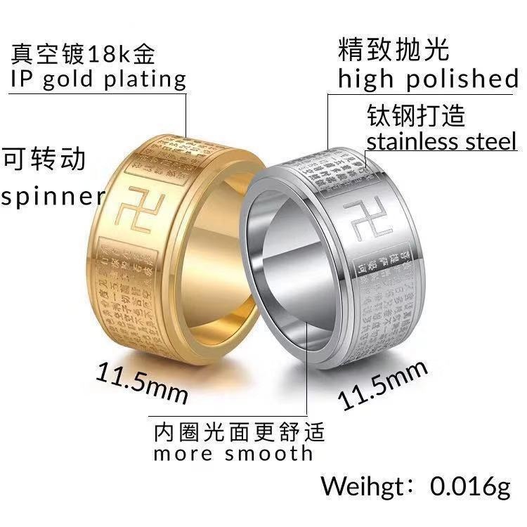 Rotatable Buddhism Heart Sutra Ring 18k Gold Plated Character Charm ...