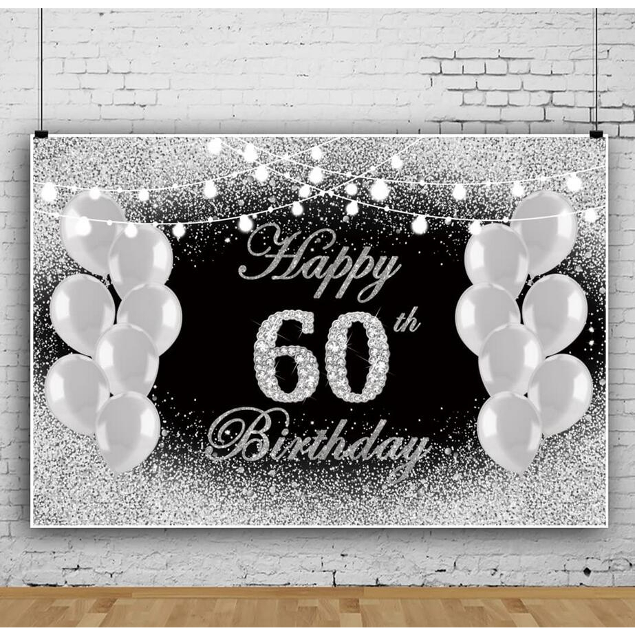 Happy 60th Birthday Photographic Backdrop Silver and Black Glitter ...