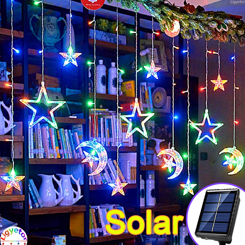 Ligyetor Raya Solar Moon Star Curtain Lights Lampu Hari Raya LED String ...