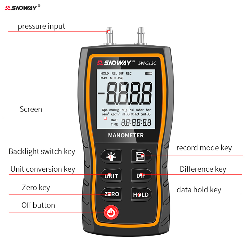 SNDWAY SW-512A Digital Manometer Air Pressure Gauge ±103.42 KPa 0.01 Resolution air pressure ...