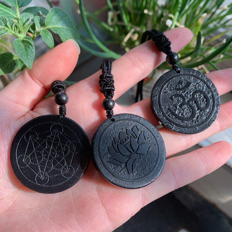 Round Shape Shunglite Stone Pendant Necklace Lotus Flower Metatron OM ...