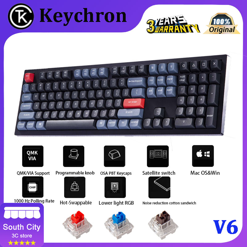 Keychron V6 Black 108 Key Wired Mechanical Keyboard QMK Change Key VIA ...