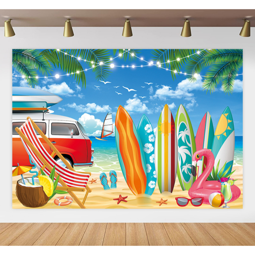 Summer Surfboard Party Backdrop Tropical Hawaiian Beach Seaside Surfs ...