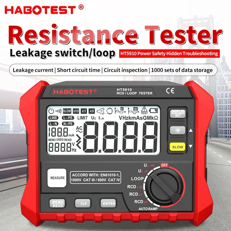 HT5910 4.7-inch large LCD Digital Resistance Meter RCD/Loop Tester 1000 ...