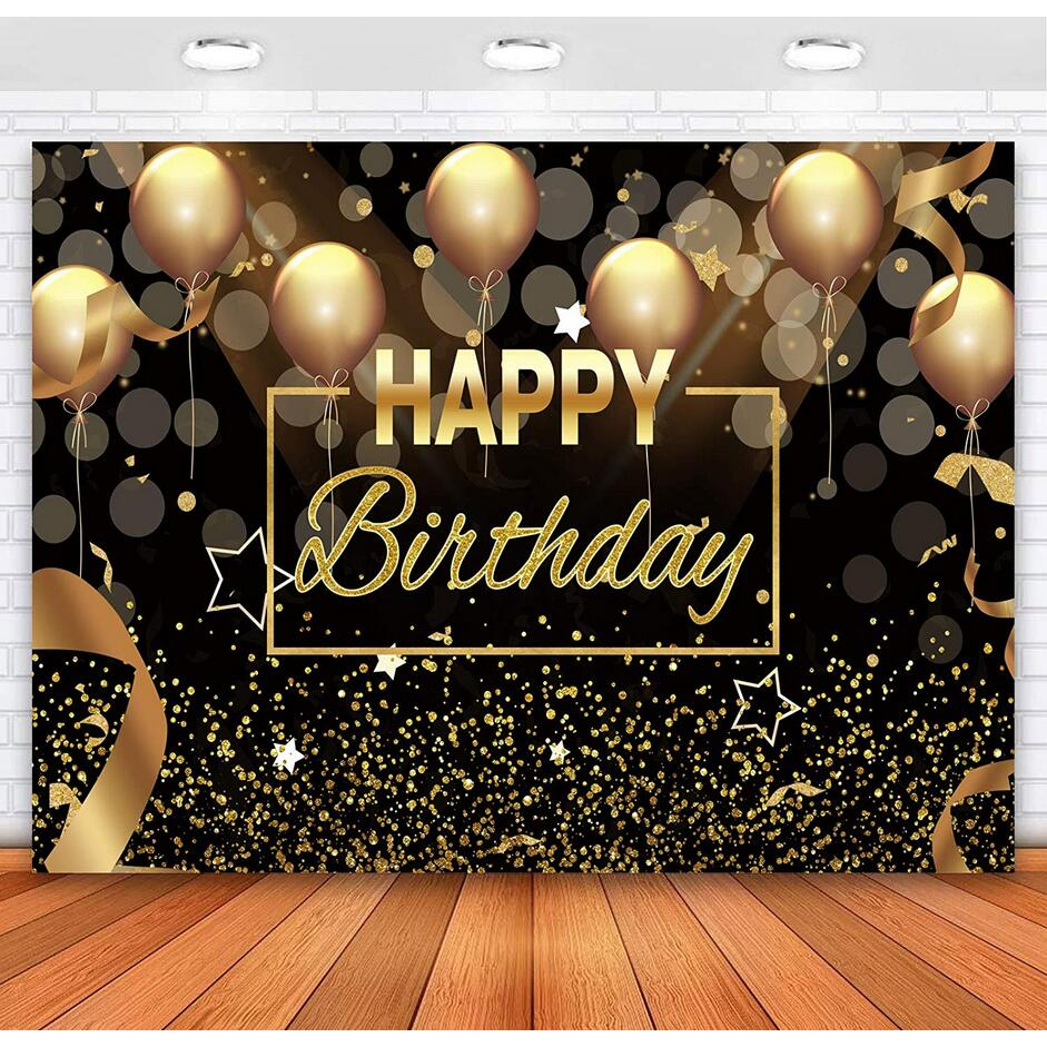 6x4ft Black Gold Happy Birthday Backdrop Sparkle Glitter Golden Balloon