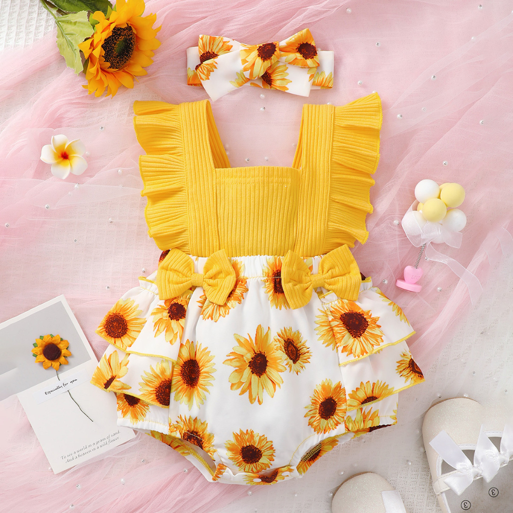 0-2 Years Old Baby Girl Yellow Flying Side Strap Double Bow Sunflower ...