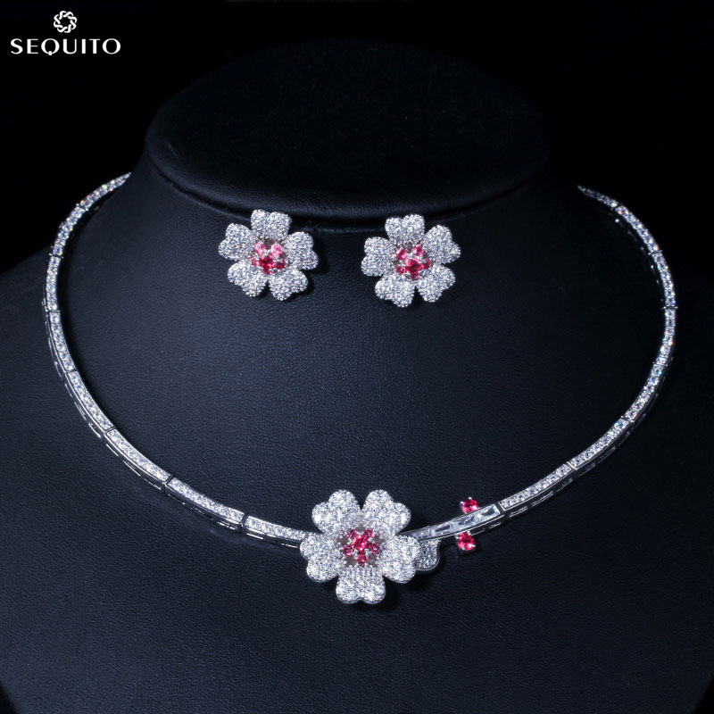 SEQUITO Vivid Platinum Color Paved White Red AAAAA Cubic Zircon Flower ...