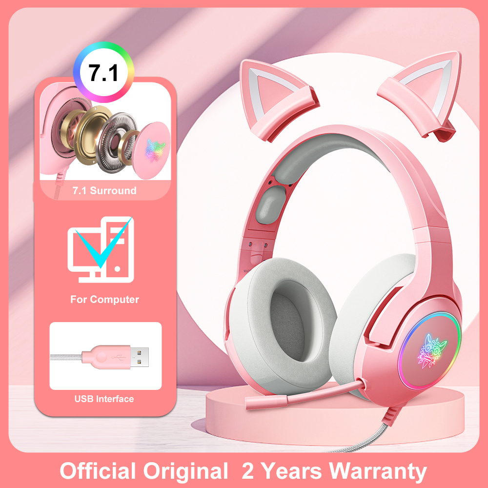 ONIKUMA X15 Gaming Headset Cat Ears Pink RGB Lighting 7.1 Cute Gaming ...
