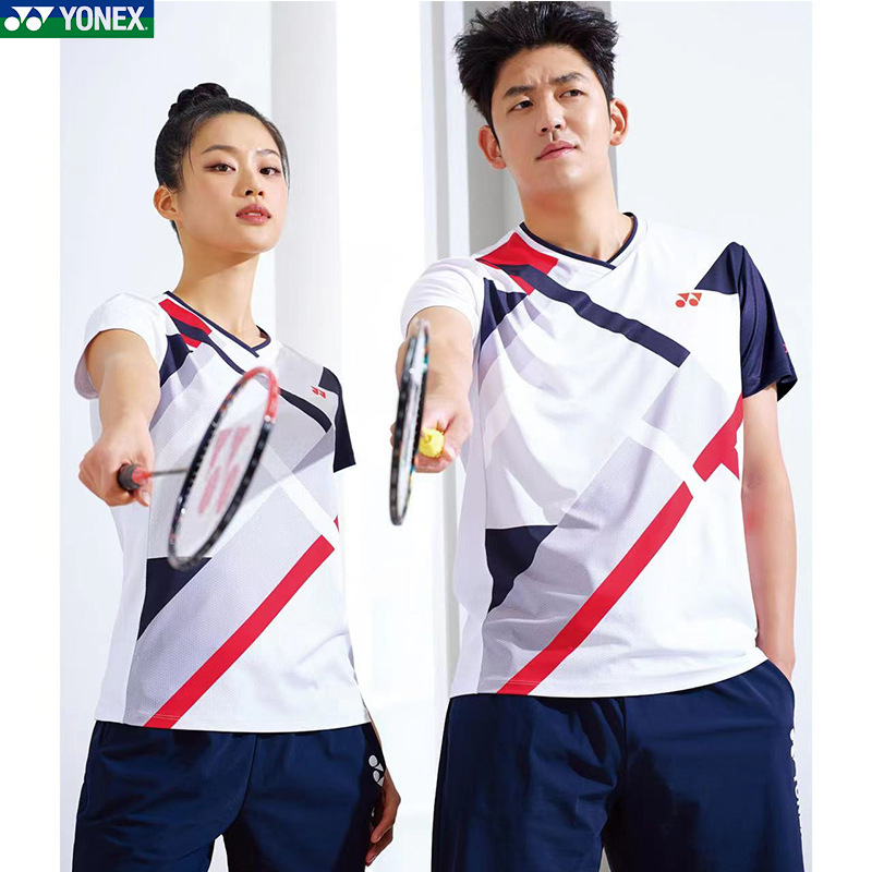 YONEX Korean Badminton Top Men's and Women's Striped Color Contrast Quick Drying Short Sleeve ...