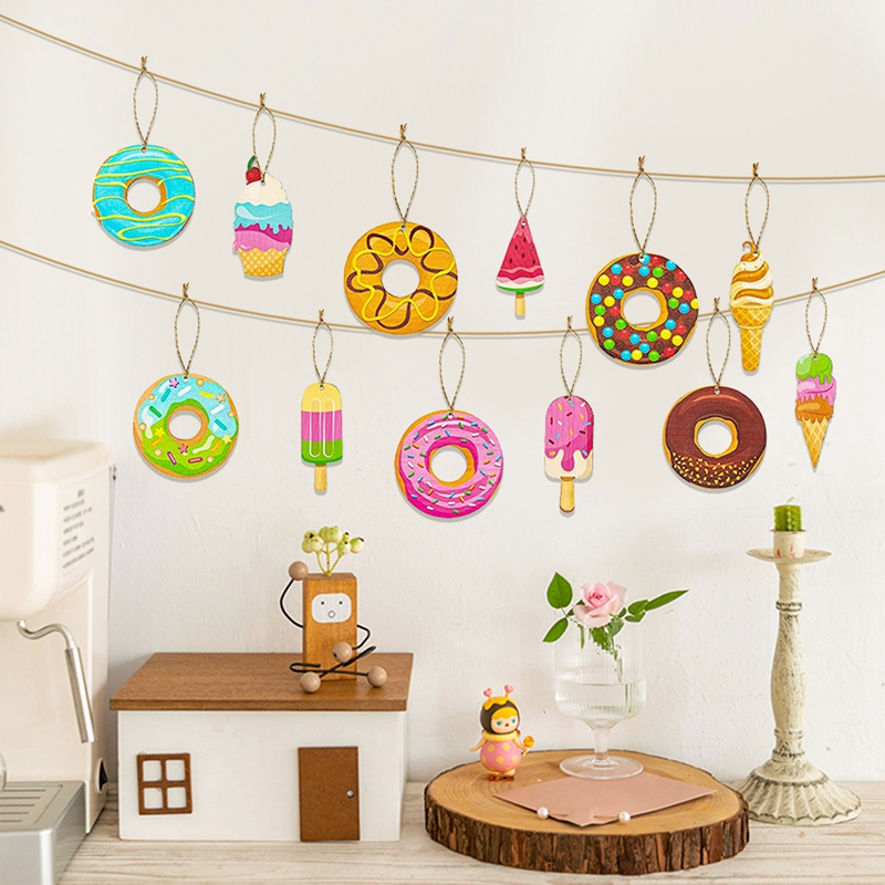 Cute 12pcs Wooden Donut Pendant Ice Cream Hanging Tree Ornaments ...