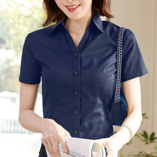 Navy Blue Shirt Women V-neck Short Sleeve Slim Professiona Plus Size ...