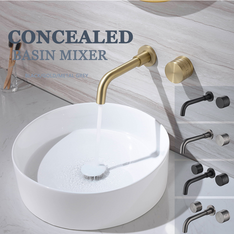 Concealed Wall Basin Mixer Faucet Black Grey Gold 1/2 Handles Swivel ...