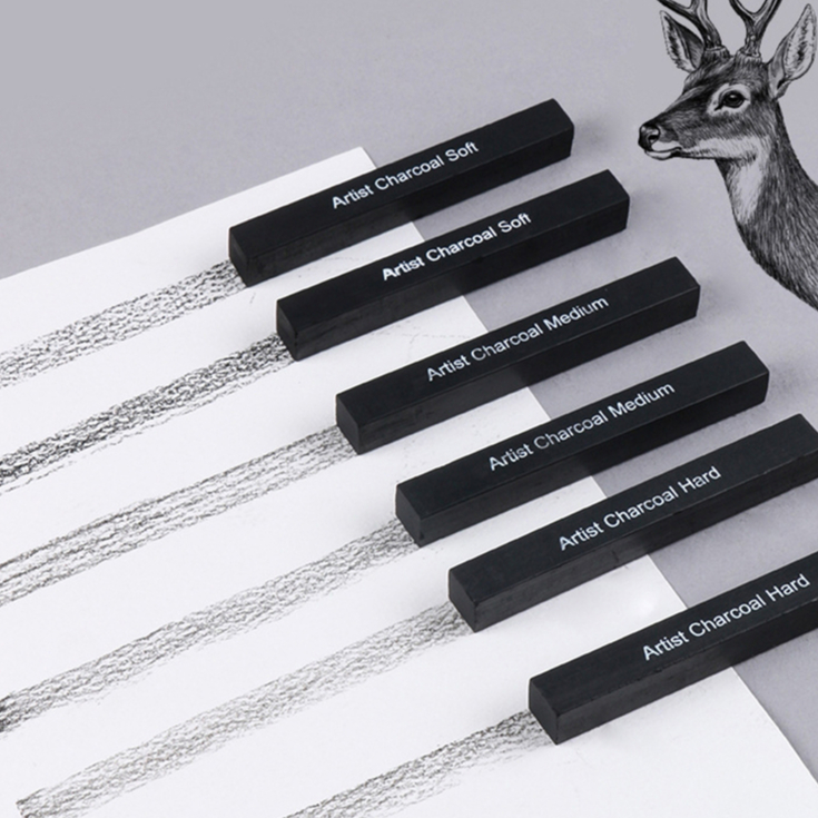 6Pcs Square Sketch Charcoal Sticks 10x10x80mm Soft Medium Hard Sketch ...
