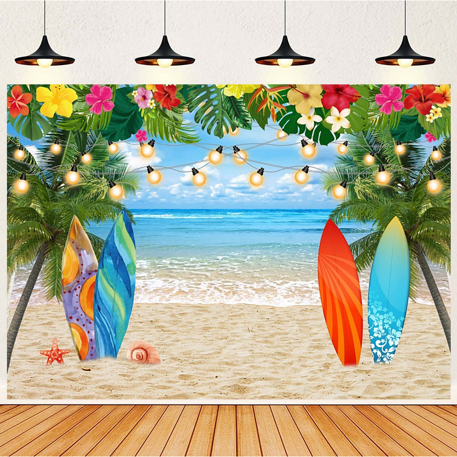 7x5FT Summer Hawaiian Beach Backdrop, Tropical Palm Floral Surfboard ...