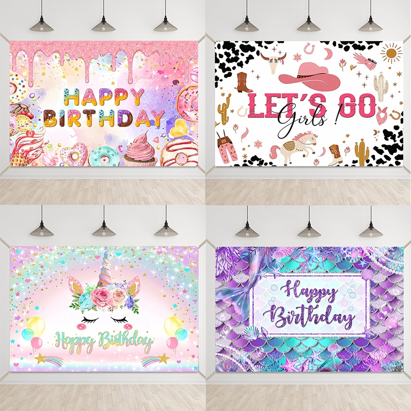 Colorful Happy Birthday Polyester Backdrop Curtain Butterfly Flower ...