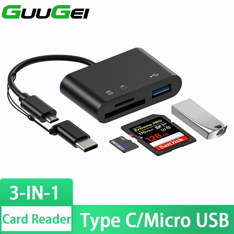 Guugei 3 IN 1 Type C Micro USB To SD Card Reader OTG USB Cable Micro