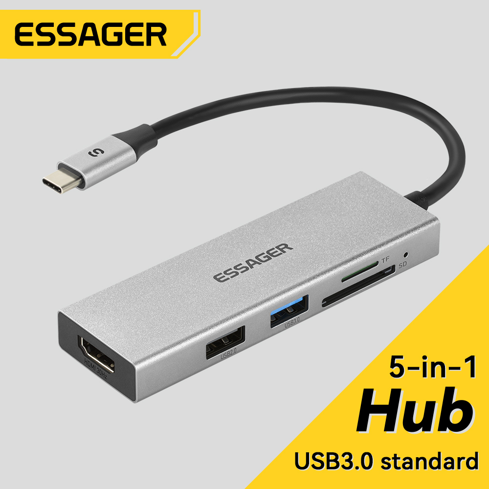 Essager Square Box 5-in-1 usb hub type C adapter 4K HDMI connector TF sd card reader usb C PD 60 ...