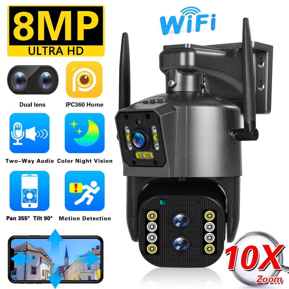 8MP 4K IP Camera Outdoor WiFi PTZ Three Lens Dual Screen 10X Zoom ...