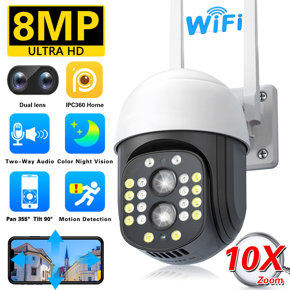 8MP 4K IP Camera Outdoor WiFi PTZ Three Lens Dual Screen 10X Zoom ...